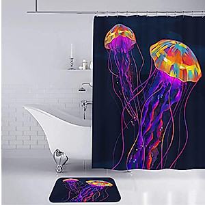 DuoBaorom 4 Pieces Set Jellyfish Shower Curtain Set Abstract Ocean Marine Animal Picture on Non-Slip Rugs Toilet Lid Cover Bath Mat and Bathroom Curtain with 12 Hooks 72x72inch