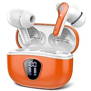 Wireless Earbuds, Bluetooth 5.3 Headphones with 4 ENC Noise Cancelling Mic, Bluetooth Earbuds 40H Playtime , Wireless Headphones in ear Earphones Deep Bass Stereo, LED Display, IP7 Waterproof, Orange
