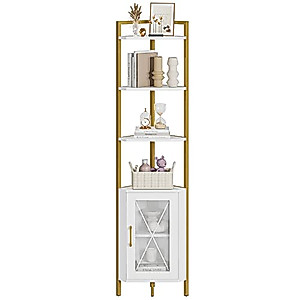 HITHOS 71" Tall Corner Shelf, 6-Tier Corner Bookcase, Gold Bookshelf with Storage Cabinet, Modern Display Shelf, Free Standing Storage Rack Plant Stand for Living Room, Bedroom, Home Office, White