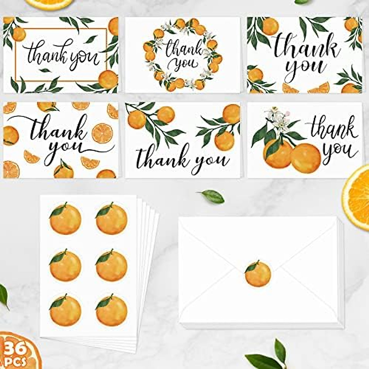 Sinasasspel 36Pack Little Cutie Thank You Cards Assortment with Envelopes Orange Stickers Clementine Theme Party Supplies Little Cutie Baby Shower Gifts 4 x 6 Inches