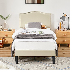VECELO Twin Bed Frame Platform Bed Frame with Upholstered Headboard, Strong Frame and Wooden Slats Support, Strong Weight Capacity, Non-Slip and Noise-Free, Easy Assembly,Beige