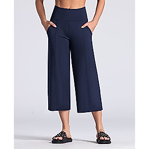 THE GYM PEOPLE Bootleg Yoga Capris Pants for Women Tummy Control High Waist Workout Flare Crop Pants with Pockets (Navy Blue, X-Large)