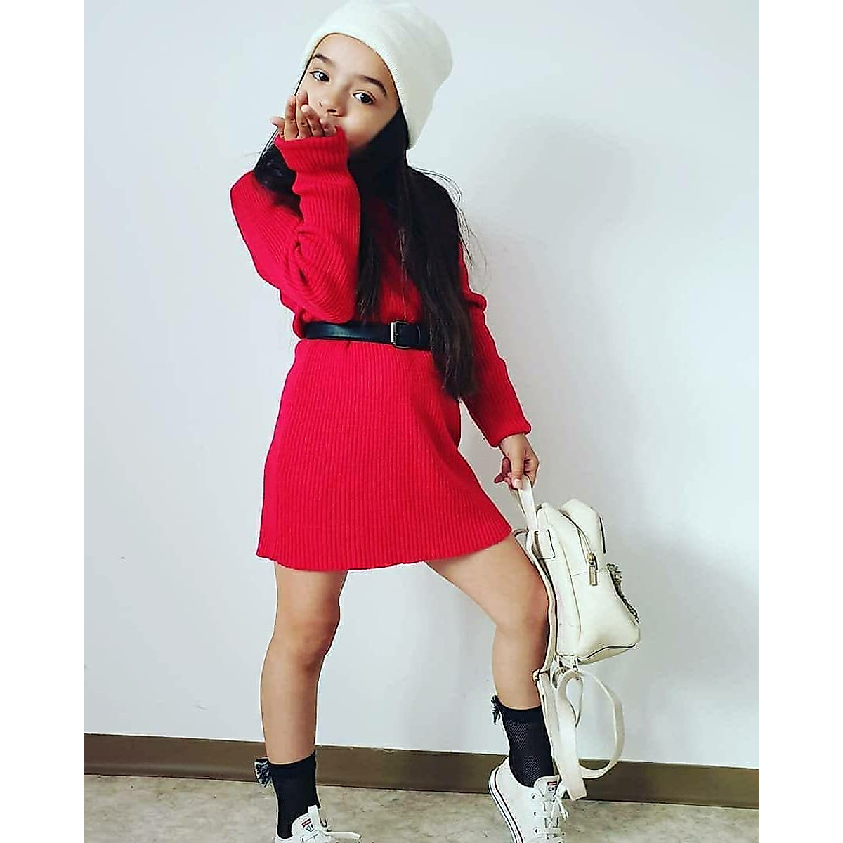 GOOCHEER Little Toddler Baby Girl Outfits Turtleneck Knit Sweater Dress Kids Solid Ribbed Long Sleeve Dresses +Belt Fall Clothes (A-Pink, 6-7 Years)