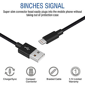 Short USB to Lightning Cable, 5Pack 8 inch Phone Charger Cable Fast Charging Braided Cord High Speed Connector Compatible with iPhone 14 13 12Pro Max/12Pro/12/11 Pro/11/XS MAX/XR/8/7/6s/6(Black)