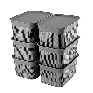 AREYZIN Set of 6 Lidded Plastic Storage Baskets + 6 Pack Clear Storage Bins with Bamboom Lids Freezer Organizer Bins Pantry Organization and Storage