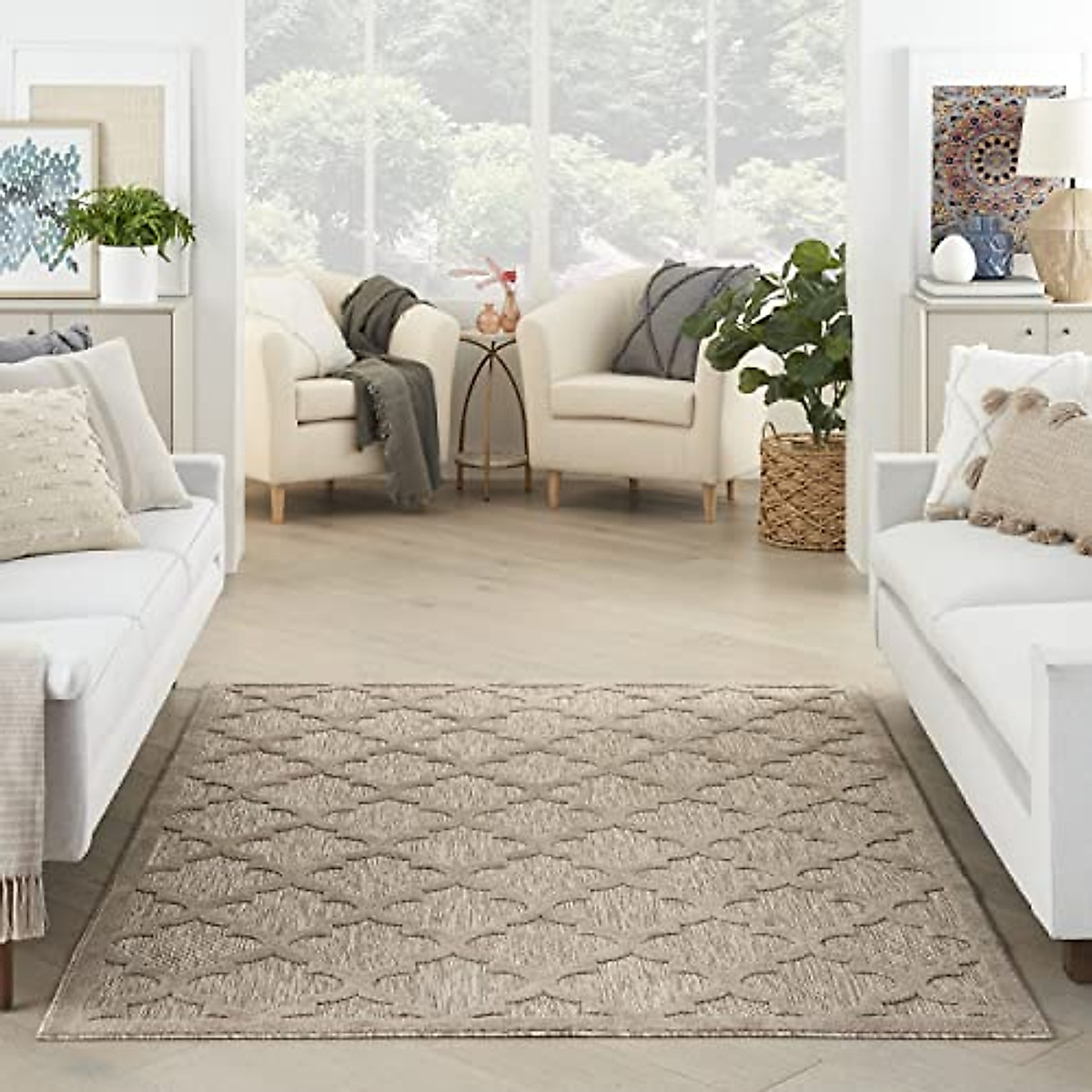 Nourison Easy Care Moroccan Natural Beige 5' x 7' Area -Rug, Trellis, Easy -Cleaning, Non Shedding, Bed Room, Living Room, Dining Room, Backyard, Deck, Patio (5x7)