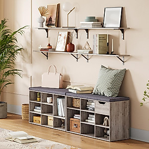 DINZI LVJ Shoe Bench, 9 Cubbies Shoe Organizer for Entryway, Storage Bench with Cushion, Cubby Shoe Rack with Adjustable Shelves for Living Room, Bedroom, Mudroom, Hallway, Greige