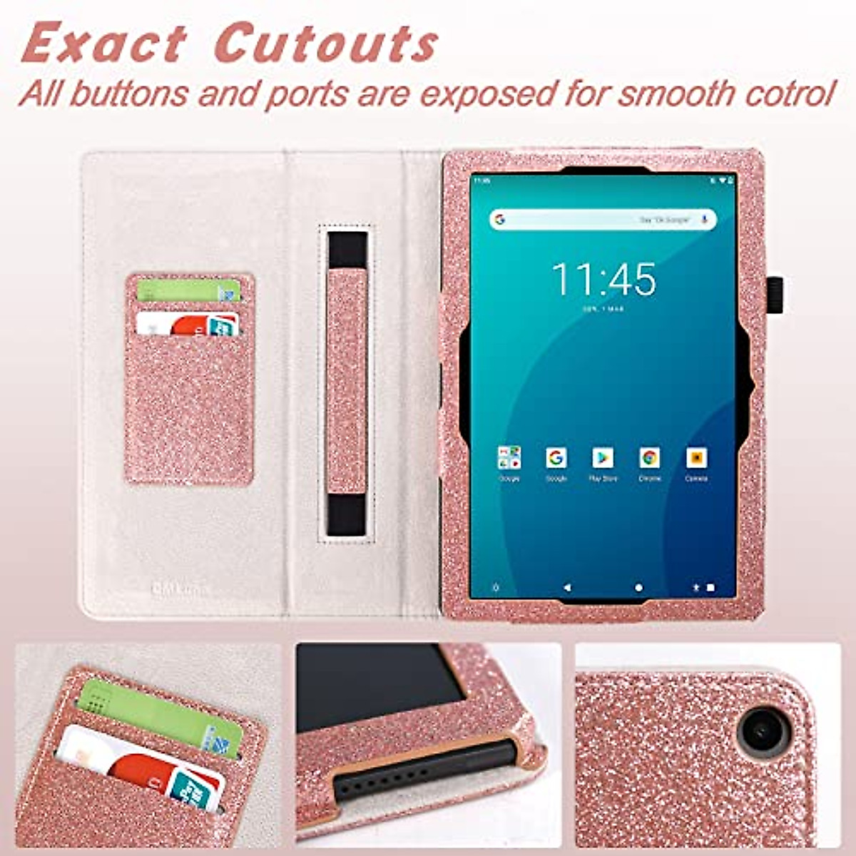 DMLuna Case for Onn 10.1 Tablet Pro (Model:100003562) ONLY (NOT FIT ONN 10.1 Tablet Model: 100011886 / ONA19TB003), Folio PU Leather Stand Case with Hand Strap Card Holder, Glitter Rose Gold