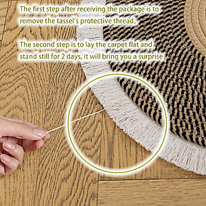 MVSUTA Boho Tassel Tan and Black 24" Round Washable Chic Bohemian Indoor Hand Woven Cotton Cord Circle Carpet for Living Room Soft Area Rugs,Small Size 2' Round