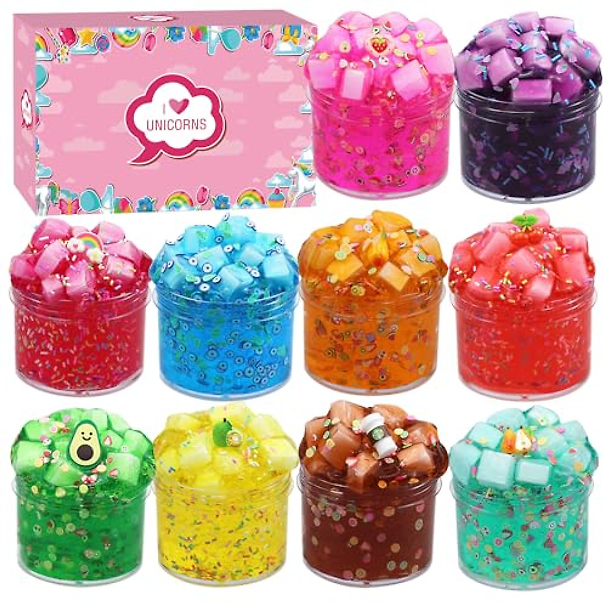 10 Pack Jelly Cube Crispy Crystal Transparent Slime Set,Themed Party Toy to Relieve Stress and Anxiety, for Girls and Boys,Including Party Gift