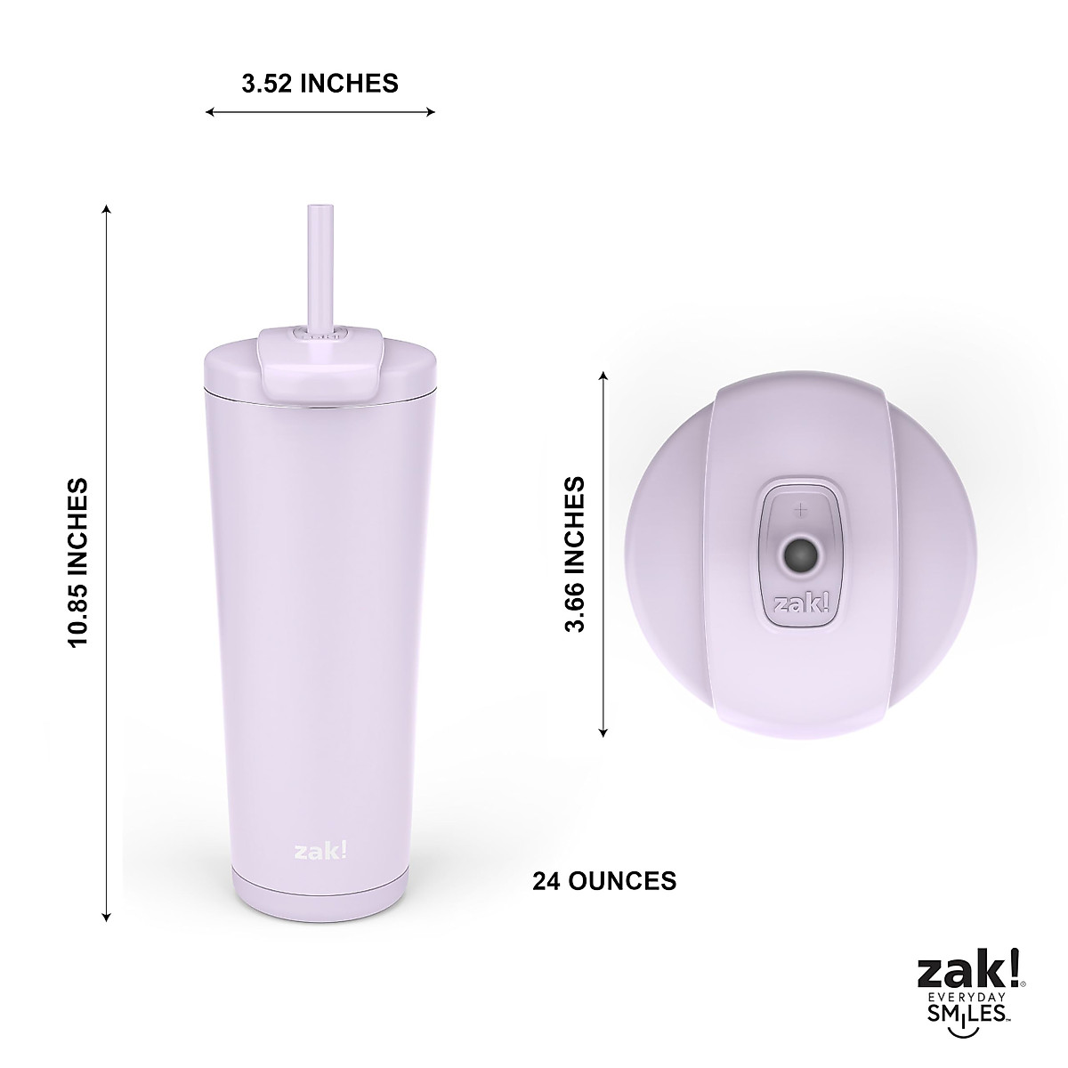 Zak Designs Beacon Straw Tumbler for Travel or At Home, 24oz Stainless Steel with Vacuum Insulated and Non-Skid Base (Smoky Lilac Purple)