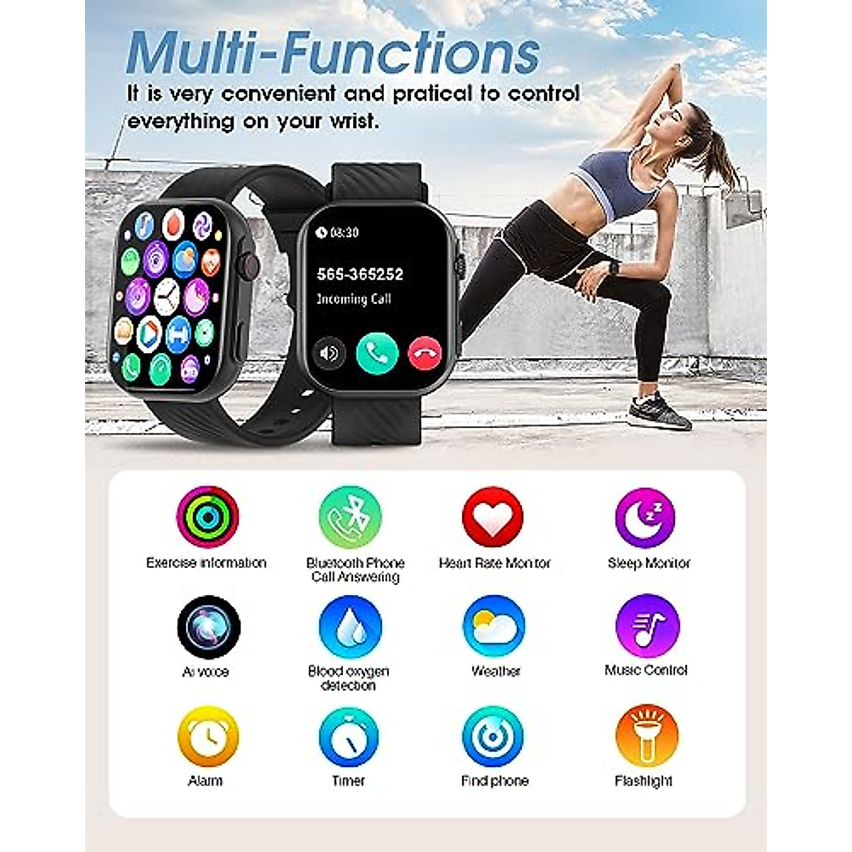 BYBUKCKR Smart Watch for Men Women (Answer/Make Call), 2" Smartwatch for Android Phones and iPhone Compatible, IP68 Waterproof Fitness Watch with Heart Rate Monitor Blood Oxygen Sleep Tracker, Black