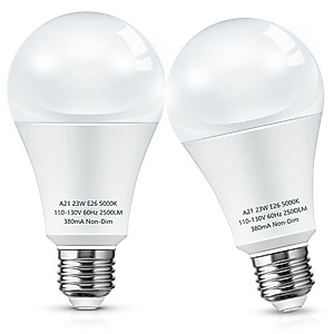 LOHAS Super Bright White LED Light Bulb, A21 23W(150-200Watt Equivalent), 2500 High Lumen, 5000K Daylight White, Garage Light Bulbs, E26 Porch Light Bulb, Non-Dim, No Flicker for Home Lighting, 2-Pack