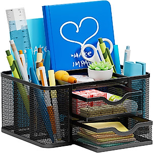 Marbrasse Mesh Desk Organizer, Pen Organizer with 2 Drawer, Multi-Functional Pencil Holder for Desk, Desk Organizers and Accessories with 5 Compartments + Drawer for Office Art Supplies (Black)