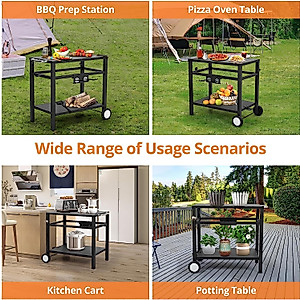 Bar Cart, Outdoor Grill Cart, Pizza Oven Stand, BBQ Prep Table with Wheels & Hooks, Side Handle, Double-Shelf Grilling Cart, Tabletop Griddle Cooking Station for Bar, Patio, Kitchen (Black)