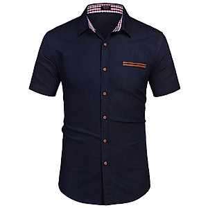 COOFANDY Mens Slim Fit Short Sleeve Button Down Shirts Summer Denim Shirt, Navy Blue, X-Large