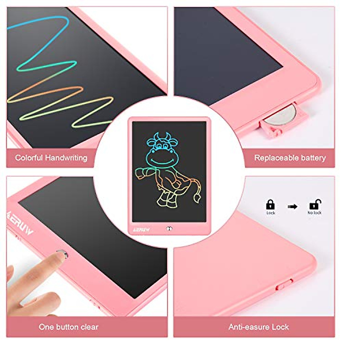 LCD Writing Tablet Colorful 10 Inch Electronic Graphics Doodle Board eWriter Drawing Pad with Memory Lock Gift for Kids & Adults Home School Office Handwriting Tablet (Pink)