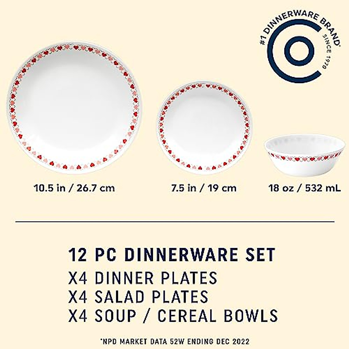 Corelle MilkGlass 12-Pc Dinnerware Set, Service for 4, Durable and Eco-Friendly, Higher Rim Glass Plate & Bowl Set, Microwave and Dishwasher Safe, Hearts