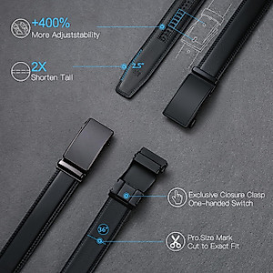 SENDEFN Men's Leather Belt Automatic Ratchet Buckle Slide Belt for Dress Casual Trim to Fit with Gift Box(A-black-42)