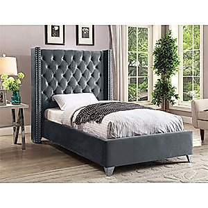 Meridian Furniture Aiden Collection Modern | Contemporary Velvet Upholstered Bed with Deep Button Tufting, Solid Wood Frame, and Custom Chrome Legs, Twin, Grey