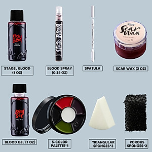 Spooktacular Creations Halloween Makeup Kit for Adult and Kids, 5 Colors Bruise Makeup Palette, Scar Wax with Spatula Tool, Fake Blood, Clotted Blood, Fake Blood Cream, Stipple Sponges