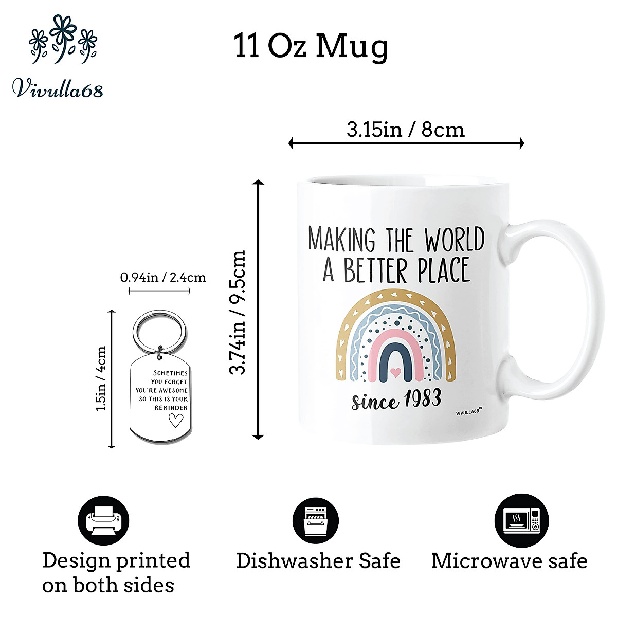 Vivulla68 40th Birthday Gifts Women, 1983 Birthday Gifts For Women, 40 Year Old Birthday Gifts For Women, 40th Birthday Gift Ideas, 40 Birthday Gifts For Women, 40th Birthday Cups, Forty Mug