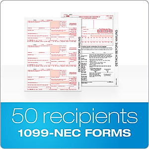 TOPS 1099 NEC 3 Up Forms 2022, 5 Part 1099 Forms, Laser/Inkjet Tax Form Sets for 50 Recipients, Includes 3 1096 Forms, 50 Pack (TX22993NEC-22)