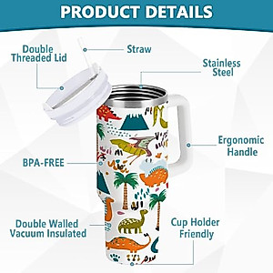 RPLIFE Cute Colorful Dinosaurs 40oz Tumbler with Handle, Stainless Steel Tumbler with Straw, Coffee Tumbler for Women