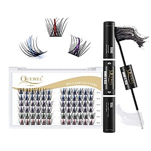 QUEWEL Cluster Lashes 72 Pcs Wide Stem Colored Eyelash Clusters& Lash Bond And Seal, Lash Cluster Glue For DIY Eyelash Extensions