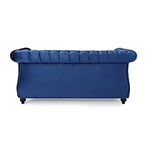 Christopher Knight Home Karen Traditional Chesterfield Loveseat Sofa, Navy Blue and Dark Brown, 61.75 x 33.75 x 27.75