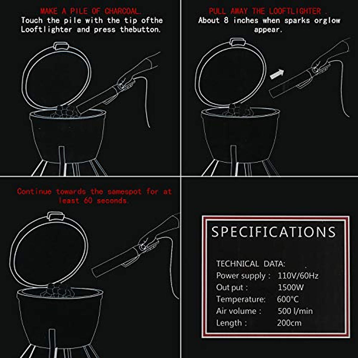 MIGI WOLF Electric Charcoal Fire Starter, Igniter Grill Starter Super Quick BBQ Lighting Indoor or Outdoor Update for 60 Second Charcoal Lighter Blower Fireplace Campfire (Silver)