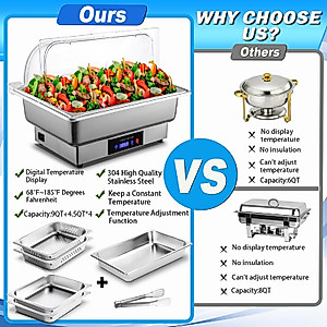 YORKING Electric Chafing Dish,9 QT Full Size with 4 x 4.5 QT Half Size Chafing Dish Buffet Set, Buffet Servers and Warmers with Roll Top & Temperature Control Display, Catering Food Warmer for Parties