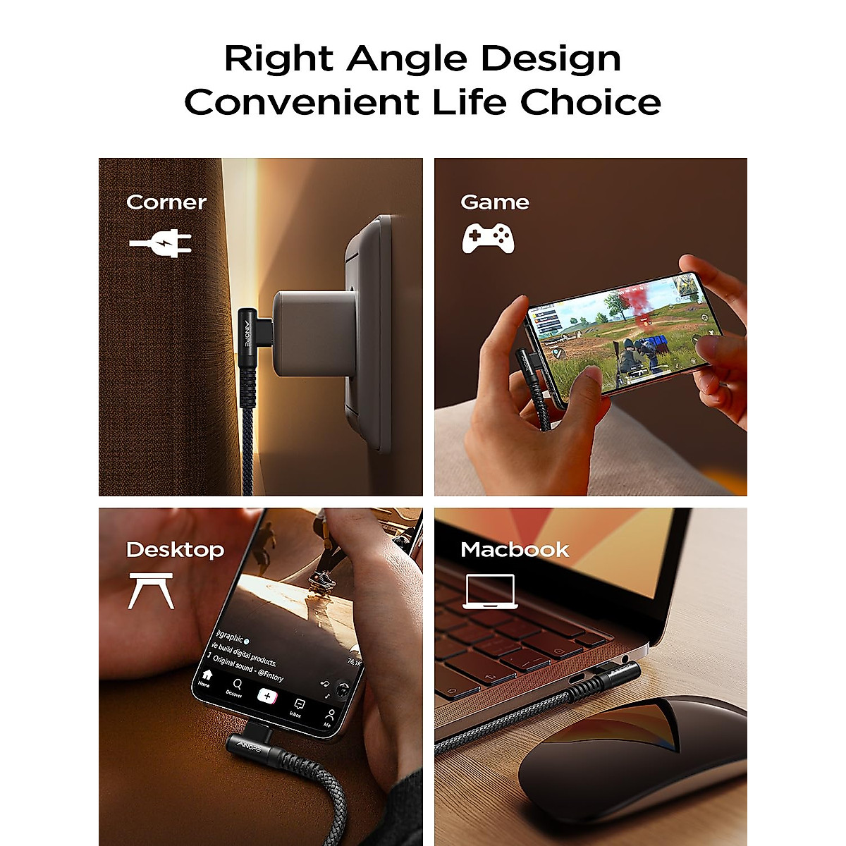 AINOPE USB C to USB C Cable 100W Durable iPhone 16 Charger Cord Right Angle, USBC to USBC Cable Cord Fast Charging Fit iPhone 16 Pro Max Plus MacBook/iPad Pro/Samsung-2 Pack 6.6FT Black