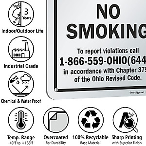 SmartSign 10 x 7 inch “No Smoking - to Report Violations Call 1-866-559-Ohio(6446) in Accordance with Chapter 3794” Ohio State Sign, Digital Printing, 55 mil HDPE Plastic, Red, Black and White