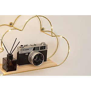 Niemro - Golden Cloud Shape Floating Shelves with LED Lights Wall Decor,Gold Metal Wire and Wood Base Wall Mounted Shelf Decorations for Home Bedroom Living Room - Set of 3