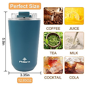 PHILORN Coffee Mug with Lid, 12 OZ Travel Mug, Leak-proof to go Coffee Mug, Stainless Steel Thermal Coffee Mug with Double Wall, Insulated Coffee Tumbler for Men and Women for Hot & Cold Drinks…