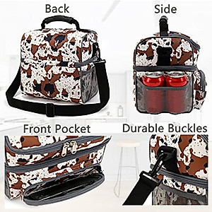 FlowFly Double Layer Cooler Insulated Lunch Bag Adult Lunch Box Large Tote Bag for Men, Women, With Adjustable Strap,Front Pocket and Dual Large Mesh Side Pockets,Cow