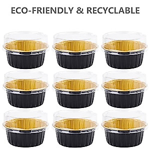 DEAYOU 100 Pieces Aluminum Foil Baking Cups with Lids, 5oz Disposable Ramekins Muffin Cups, 3" Cupcake Foil Liners Tart Pie Tin Pan Holder for Pudding, Souffle, Party, Wedding, Black Gold Color