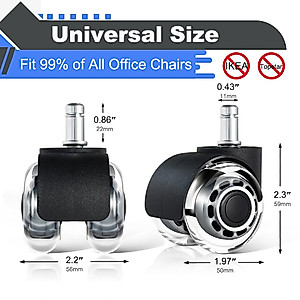 Office Chair Wheels Replacement Set of 5 Stem 11mm, Dual 2 Inch Rubber Chair Caster Wheels for All Hardwood & Carpet Floors Heavy Duty Rollerblade Chair Casters for Computer & Desk & Gaming Chairs