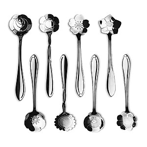 ERCRYSTO Stainless Steel Tableware Creative Flower Coffee Spoon, Stirring Spoon, Sugar Spoon, Stir Bar Spoon, Mixing Spoon, Tea Spoon, Ice Tea Spoon, Ice Cream Spoons, 8 Different Patterns in 1 Set