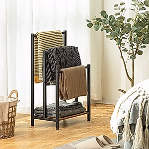 HOOBRO Freestanding Towel Rack, 3 Tier Metal Blanket Rack, Blanket Ladder Holder for Bathroom, 16.9"L x 11"W x 31.9"H, Industrial Drying and Display Rack with Shelf, Rustic Brown and Black BF03LB01