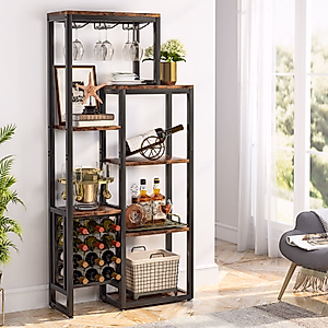 Tribesigns Wine Rack Freestanding Floor, 5-Tier Wine Baker Rack with Glass Holder & Wine Storage, Industrial Wine Display Shelf Wine Bar Cabinet for Bar, Kitchen, Dining Room, Rustic Brown