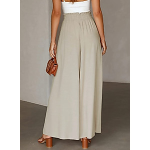 Dokotoo Women Beach Fashion High Waist Drawstring Wide Leg Long Pants with Pockets Casual Loose Breathable Lounge Yoga Trousers Ladies Beach Vacation Clothes for Women Beige XL