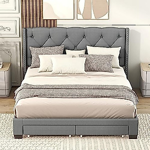 FANYHOME Queen Size Linen Upholstered Platform Bed Frame with Two Storage Drawers and Headboard for Boys Girls Teenager,Gray