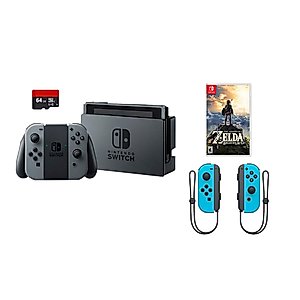 Nintendo Swtich 4 items Bundle:Nintendo Switch 32GB Console Gray Joy-con,64GB Micro SD Memory Card and an Extra Pair of Nintendo Joy-Con (L/R) Wireless Controllers Neon Blue,The Legend of Zelda