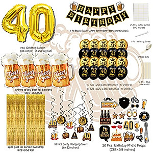40th birthday decorations for men women - (60pcs) black gold party Banner, 40 Inch Gold Balloons,40th Sign Latex Balloon,Fringe Curtains and cheers to you Foil Balloons,Hanging Swirl,photo props