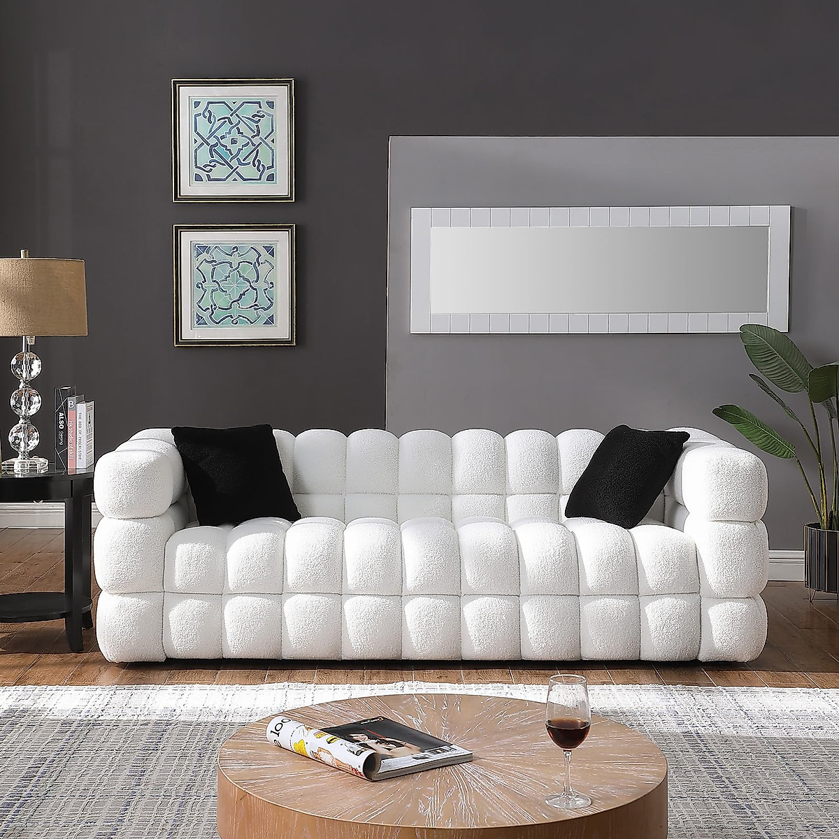 kevinplus 84'' White Sofa Couch Cloud Boucle Sofa Couch Chesterfield Sofa Couch for Living Room, Modern 3-Seat Upholstered Sectional Sofa Couch for Apartment Bedroom Dorm Office, Medium-Soft