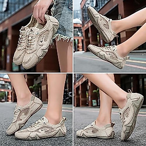 Boxpopla Women's Leather Outdoor Mesh Trail Shoes for Hiking & Walking Unisex Non-Slip Slip On Lightweight Sneakers Breathable Comfort Soft Summer Sports Driving Shoes (Beige,14)