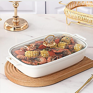 HONHPD 3 Pieces Set Gold Ceramics Chafing Dish Buffet Set, Full Size Chafers and Buffet Warmers W/Glass Lid, Underglaze Rectangle Food Warming Tray for Weddings Party（11inch, 13inch, 15inch）