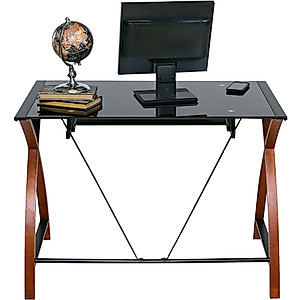 OneSpace Glass and Wood Computer Desk with Pullout Keyboard Tray and Black Glass Desktop, Black/Brown